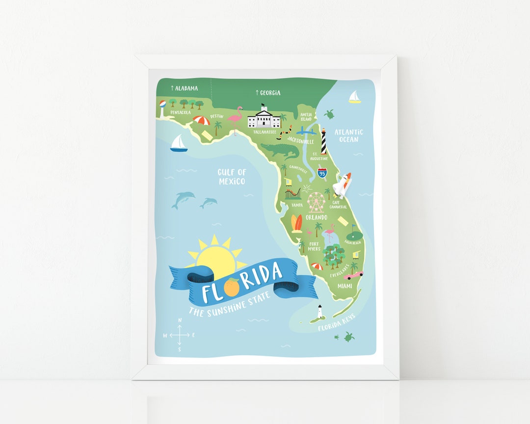Illustrated Florida Map Print, Florida Map, Florida State, Kids Room ...