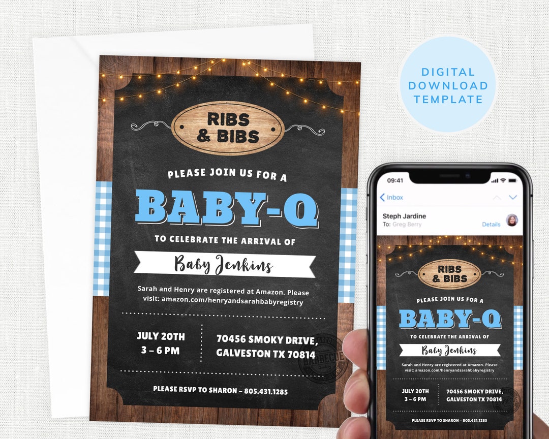 Baby-q Invite Boy, Baby Shower Blue BBQ Invitation, Barbeque, BBQ Party ...
