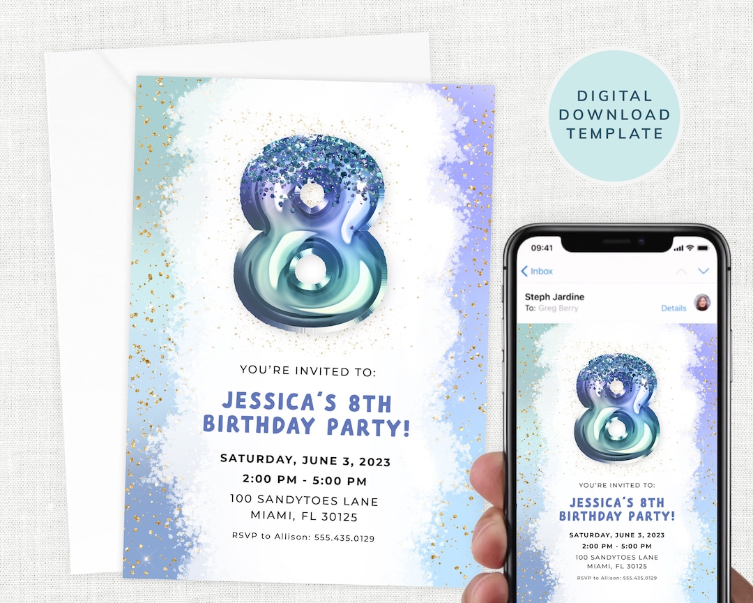 8th Birthday Invite Girl, Mermaid, Glitter Balloon, Editable, Birthday ...