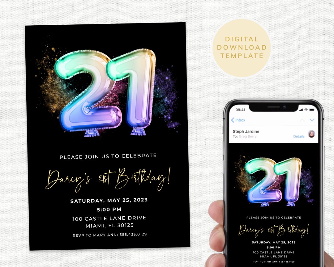 21st Birthday Invitation, Editable Template, 21 Birthday Invite ...