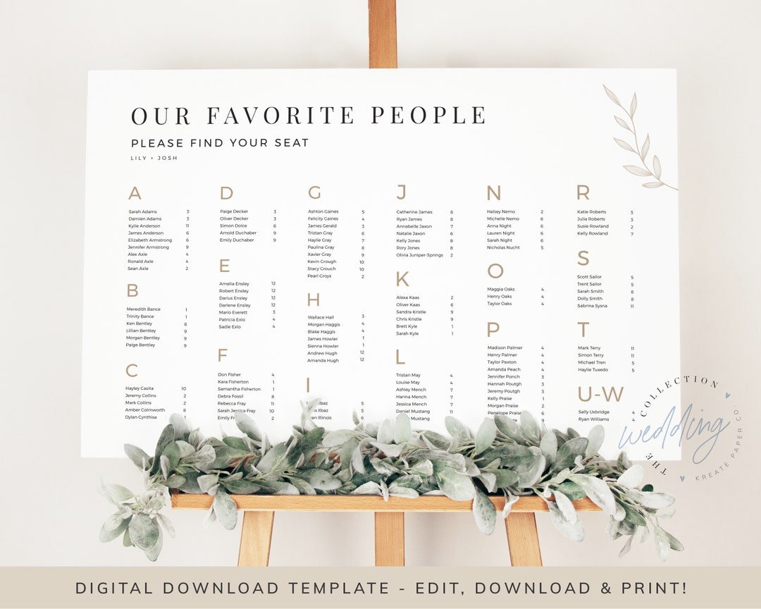 Alphabetical Seating Chart Template, Modern Floral Seating Chart, Black ...