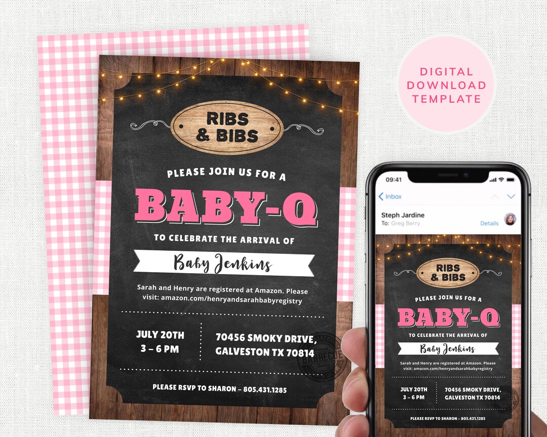 Baby-q Invite Girl, Baby Shower Pink BBQ Invitation, Barbeque, BBQ ...