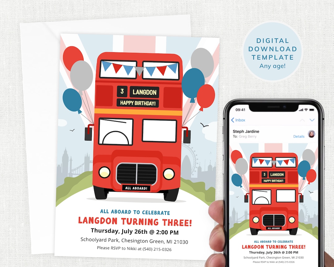 London Bus Birthday Invitation, Red Bus Invite, Party Invites, Wheels ...