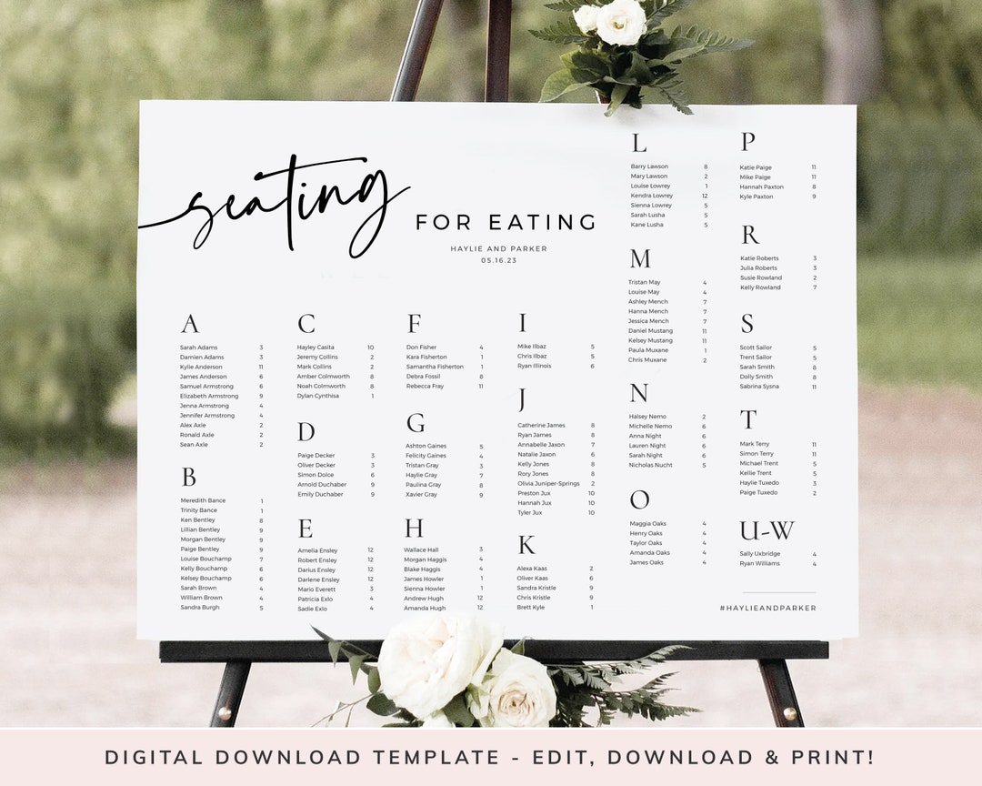 Modern Alphabetical Seating Chart Template, Wedding Seating Sign ...
