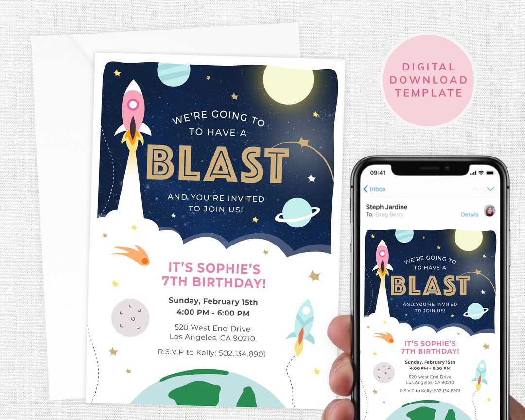 Girl Space Invitation, Space Party Invite, Birthday, Space Themed ...