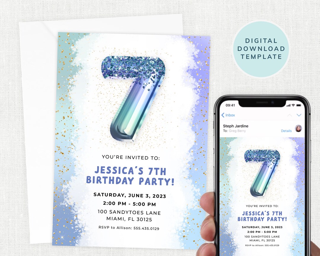 7th Birthday Invitation Girl, Mermaid, Glitter Balloon, Editable ...