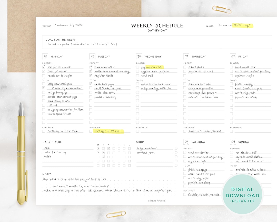 Weekly Planner Digital Download - Daily to Do List, Weekly Planner ...