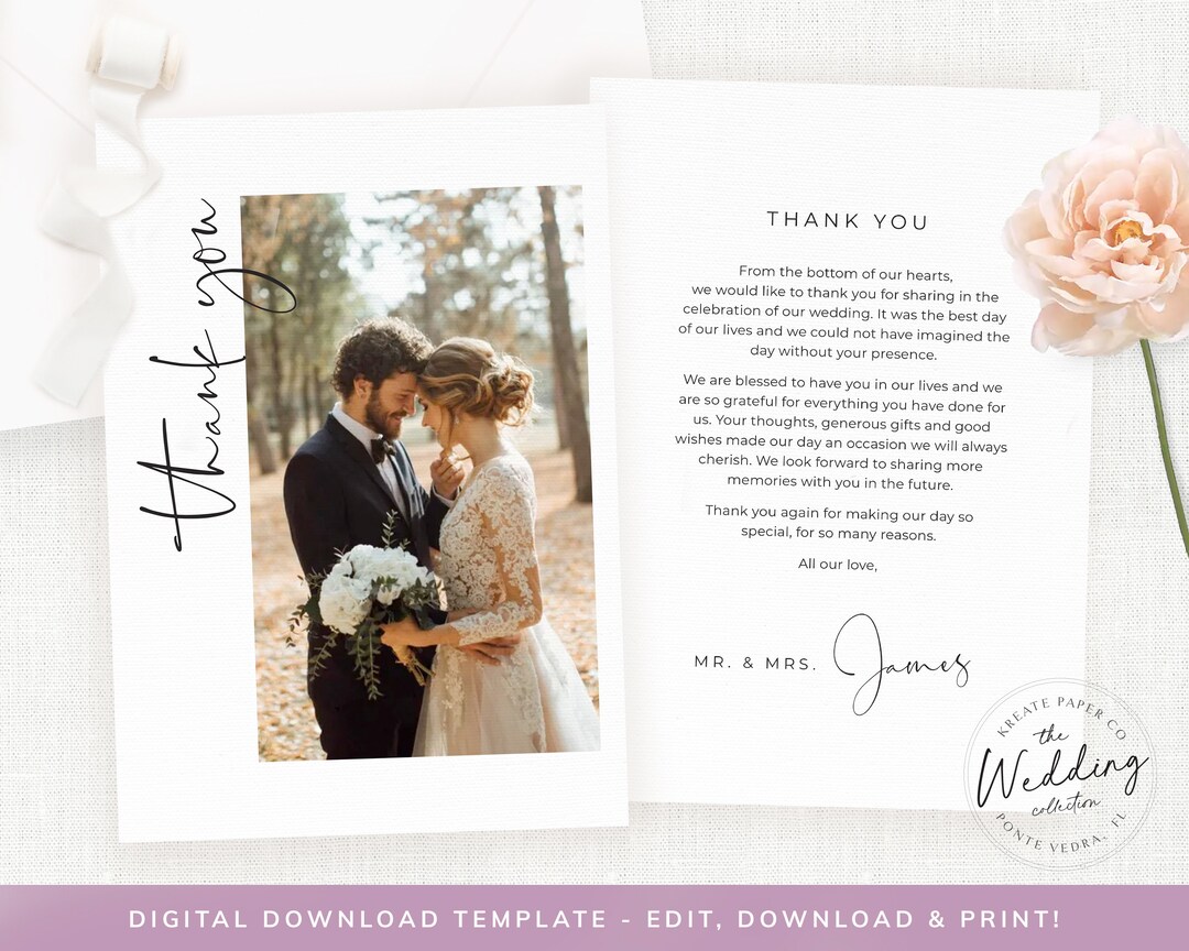 Simple and Elegant Thank You Wedding Card, Photo Thank You, Instant ...