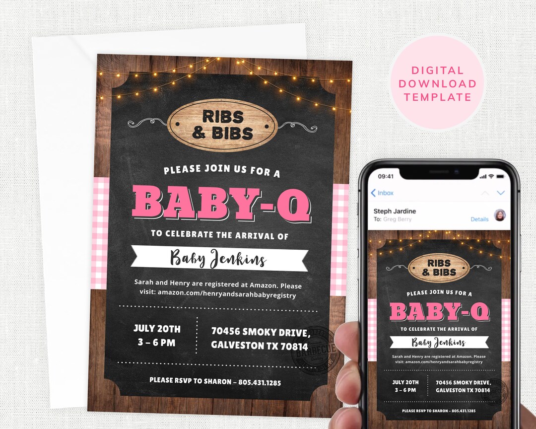 Baby-q Invite Girl, Baby Shower Pink BBQ Invitation, Barbeque, BBQ ...