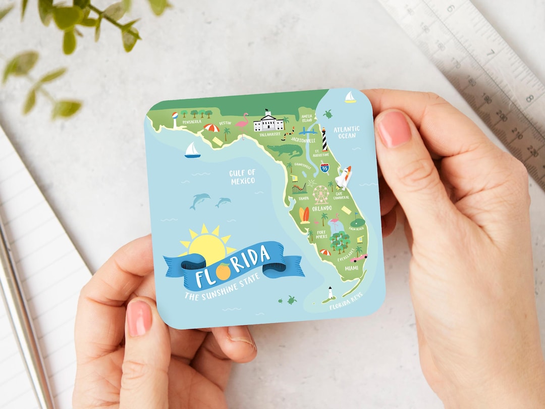 Florida Coasters, Illustrated Florida Map Coaster, Home Decor, Florida ...