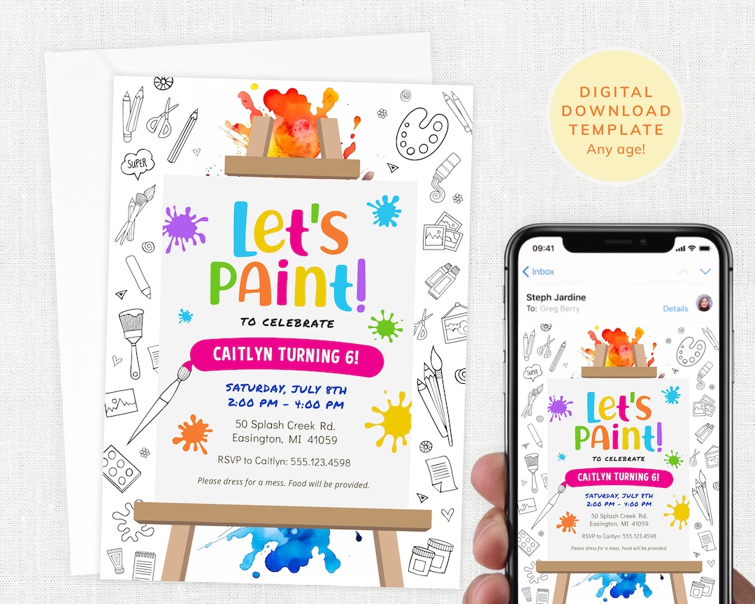 Color-in Art Birthday Invitation Party Paint Invites Colorful Painting ...