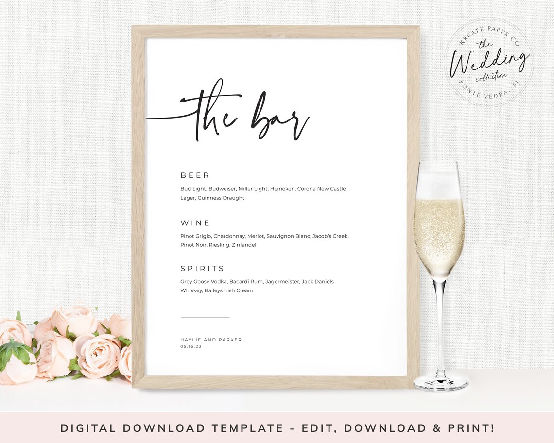 Modern Wedding Bar Menu Minimalistic Menu Template Modern - Etsy