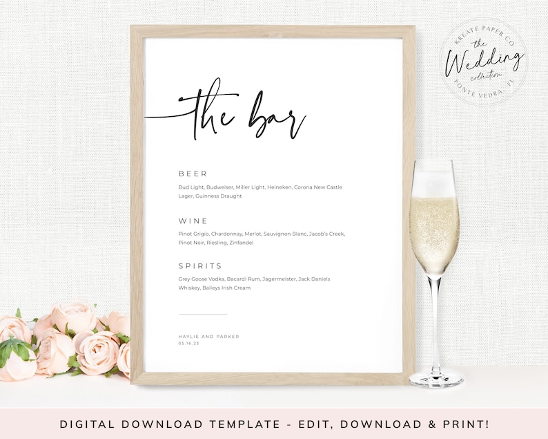 Modern Wedding Bar Menu Minimalistic Menu Template Modern - Etsy