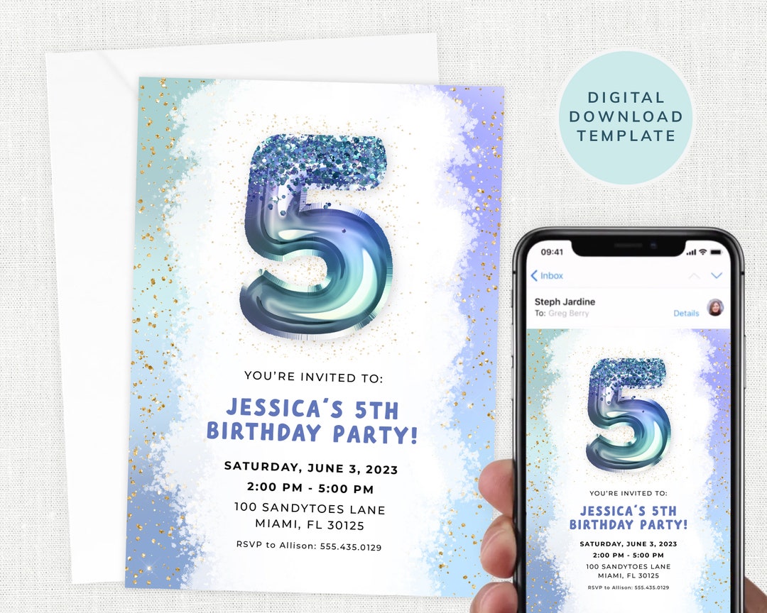 5th Birthday Invitation Girl, Mermaid, Glitter Balloon, Editable ...