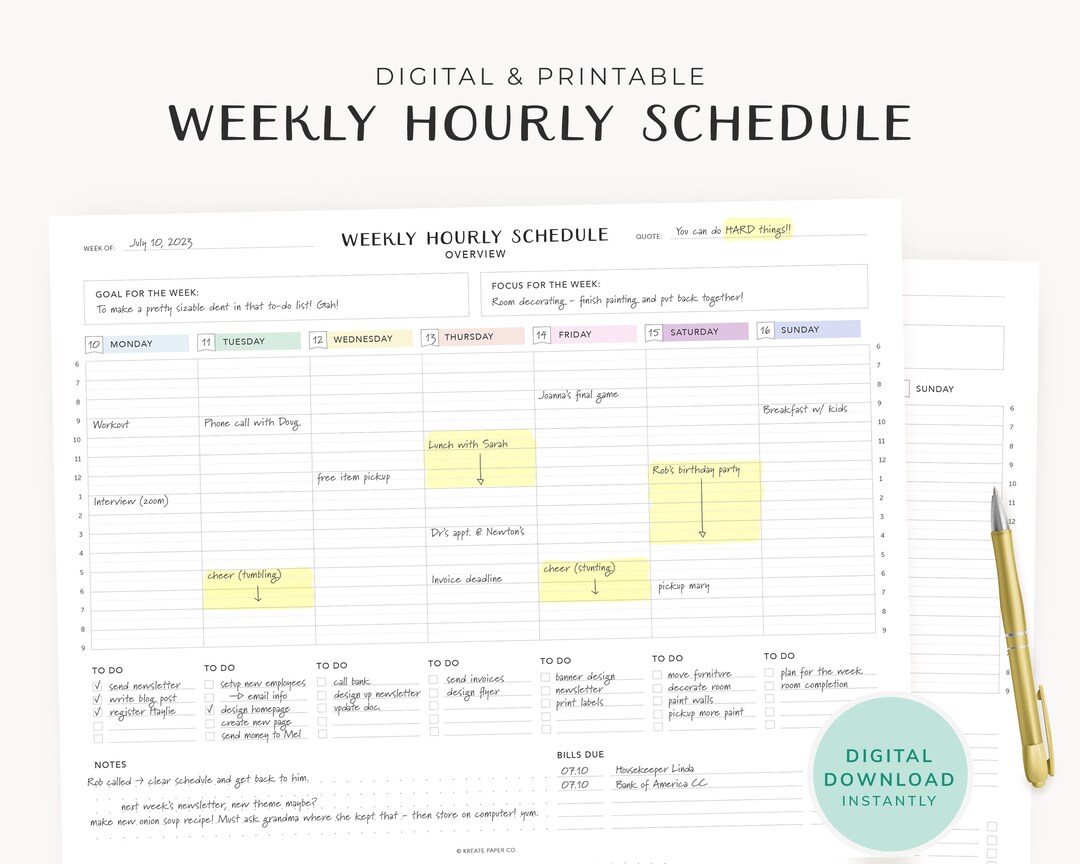 Weekly Hourly Schedule Planner Digital Download - Daily to Do List ...