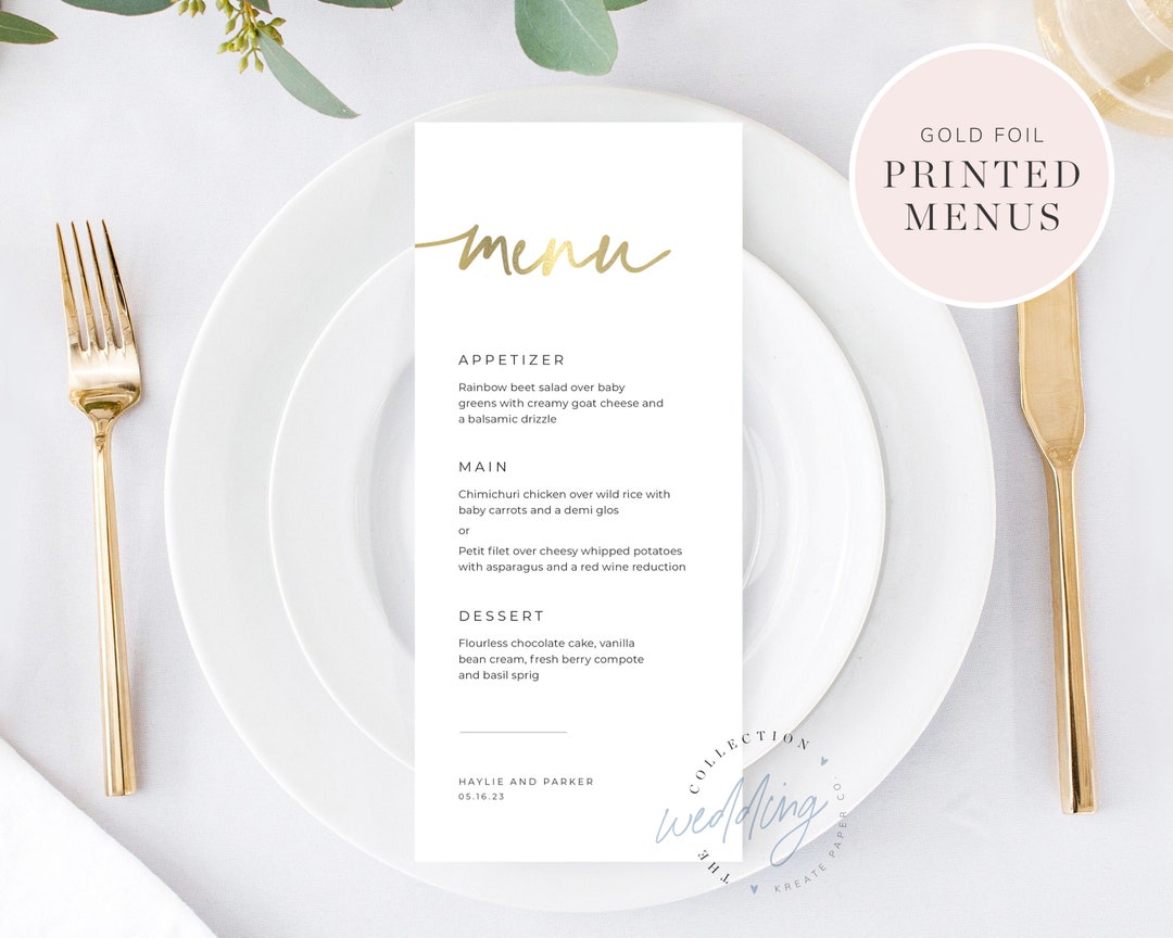 PRINTED Gold Foil Wedding Menu, Minimalistic Menu, Modern Wedding Menu ...