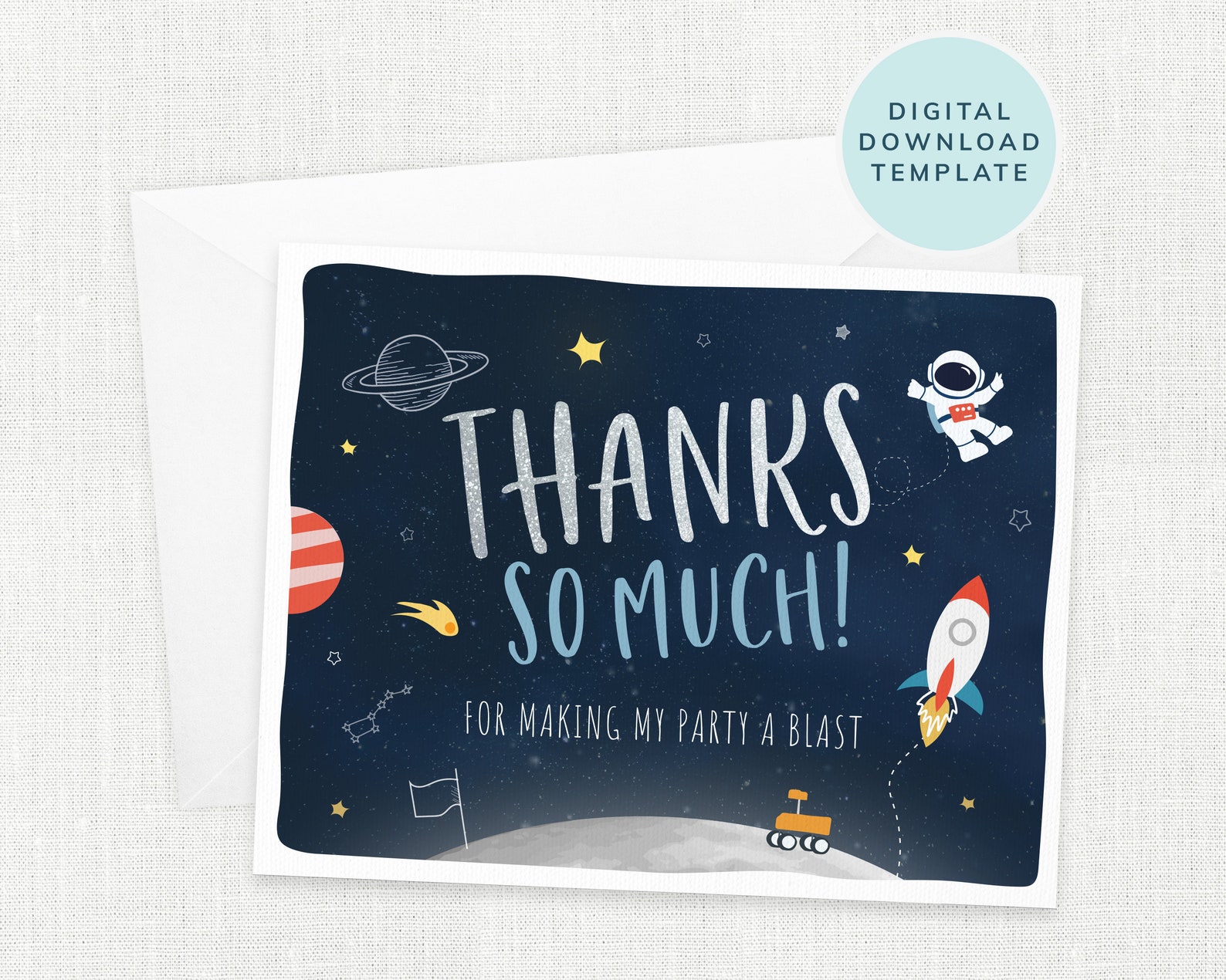 Space Party Thank You Card, Outer Space, Two the Moon, Thank You Party ...