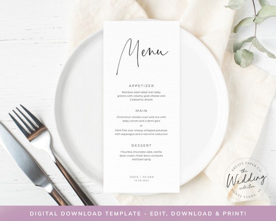 Simple and Elegant Wedding Menu Template Modern Script - Etsy