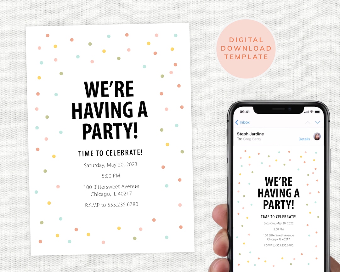 Confetti Party Invite, Colored Confetti Invitation, Editable, Simple ...