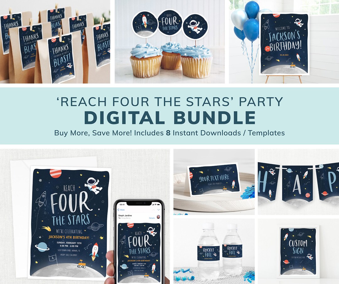 Reach Four the Stars Party Bundle, 4 Year Old Space Birthday Party, 4th ...
