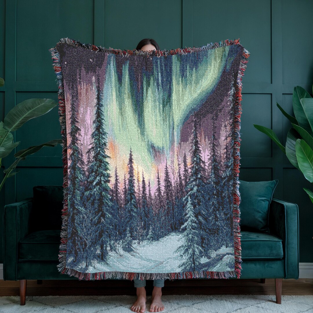 Enchanted Forest Northern Lights 100% Cotton Woven Throw Blanket ...