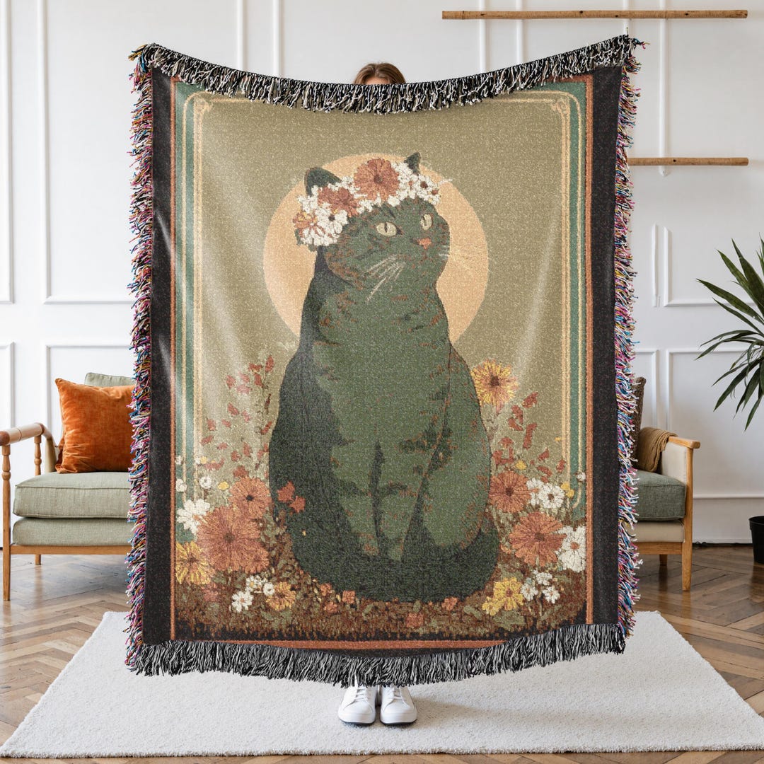 Boho 70s Style Floral Cat Woven Throw, 100% Cotton Retro Feline Blanket ...