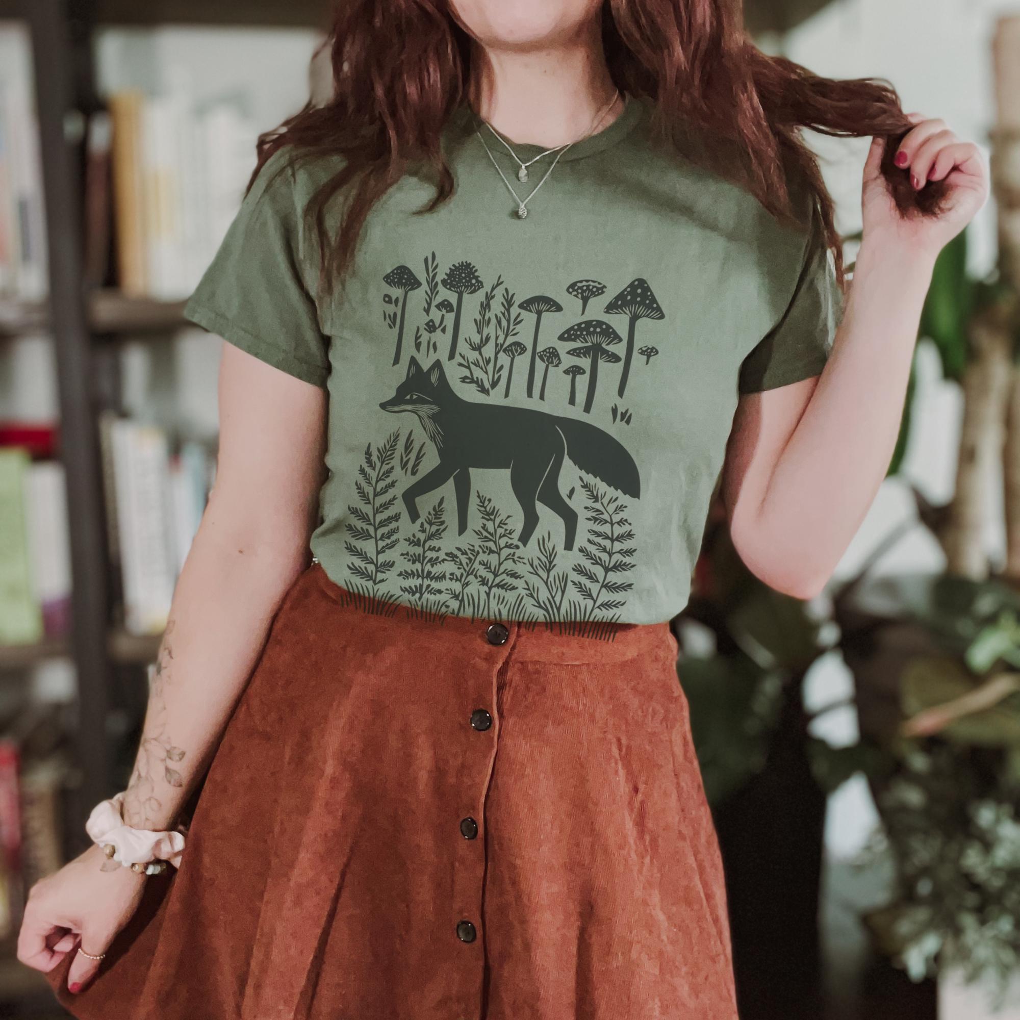 Cottagecore Fox and Mushrooom Shirt, Folklore Forest Fox Lino Print ...