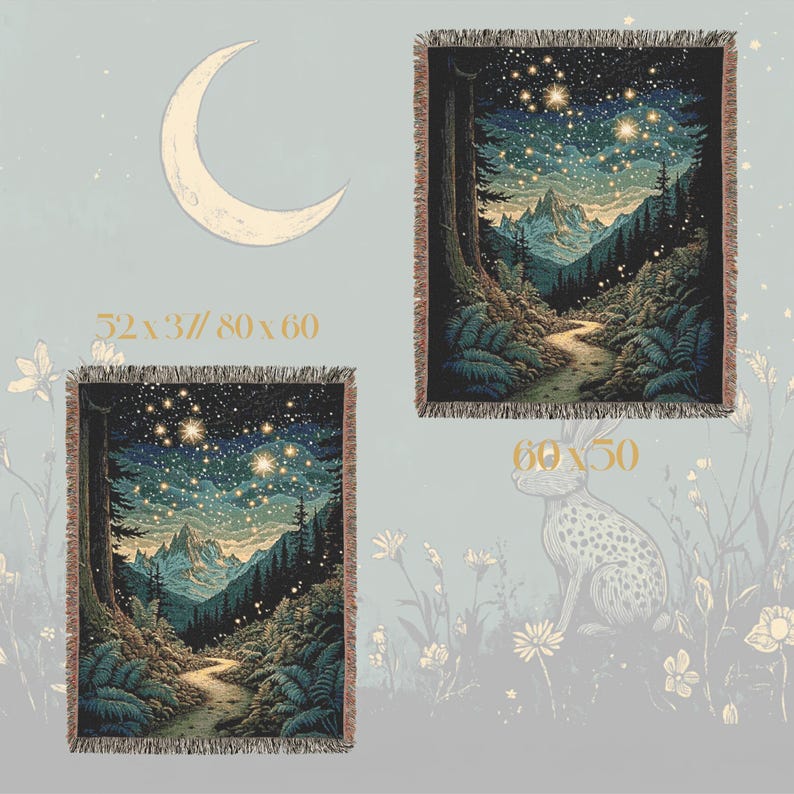 Enchanted Mountain Forest Woven Throw, 100% Cotton Celestial Starry Sky ...