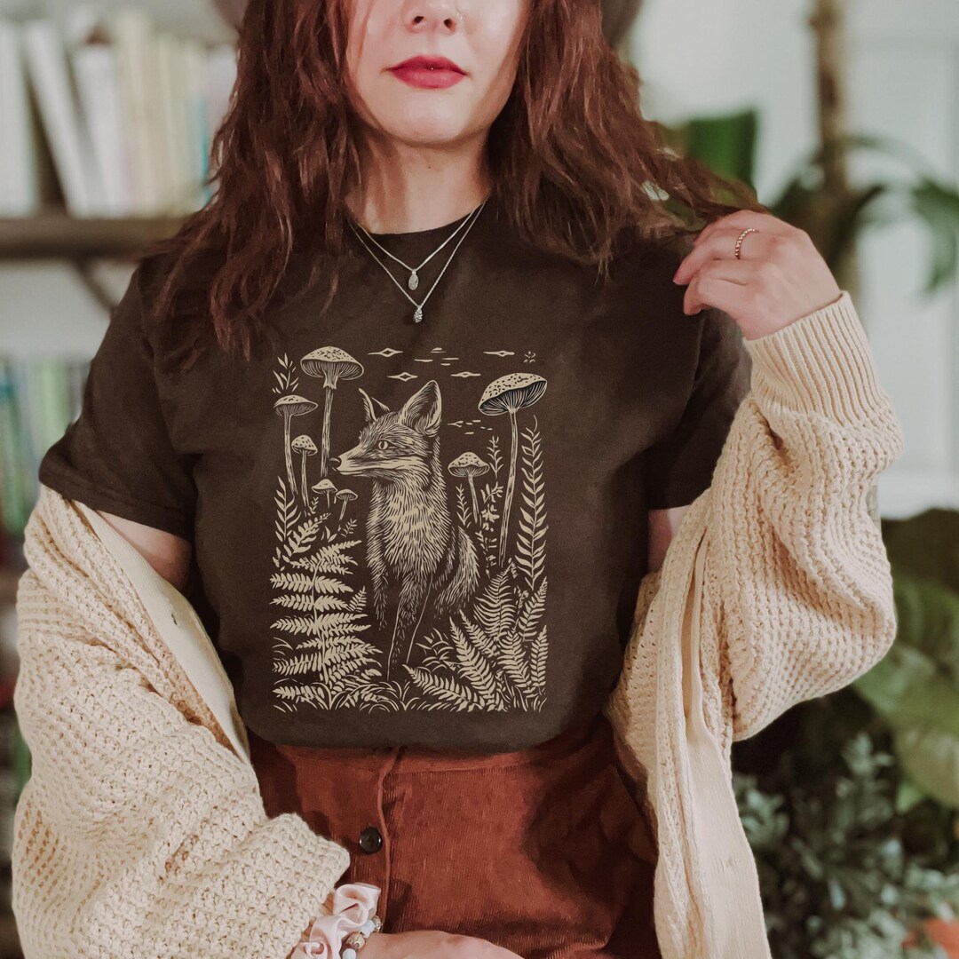 Cottagecore Fox Shirt, Folklore Forest Fox Lino Print Shirt, Vintage ...