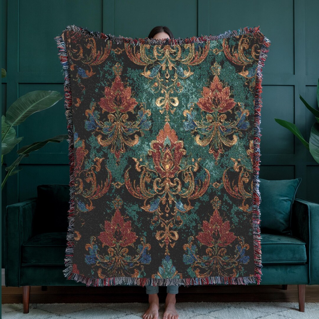 Medieval Baroque Woven Throw, 100% Cotton Damask Tapestry Blanket, Dark ...