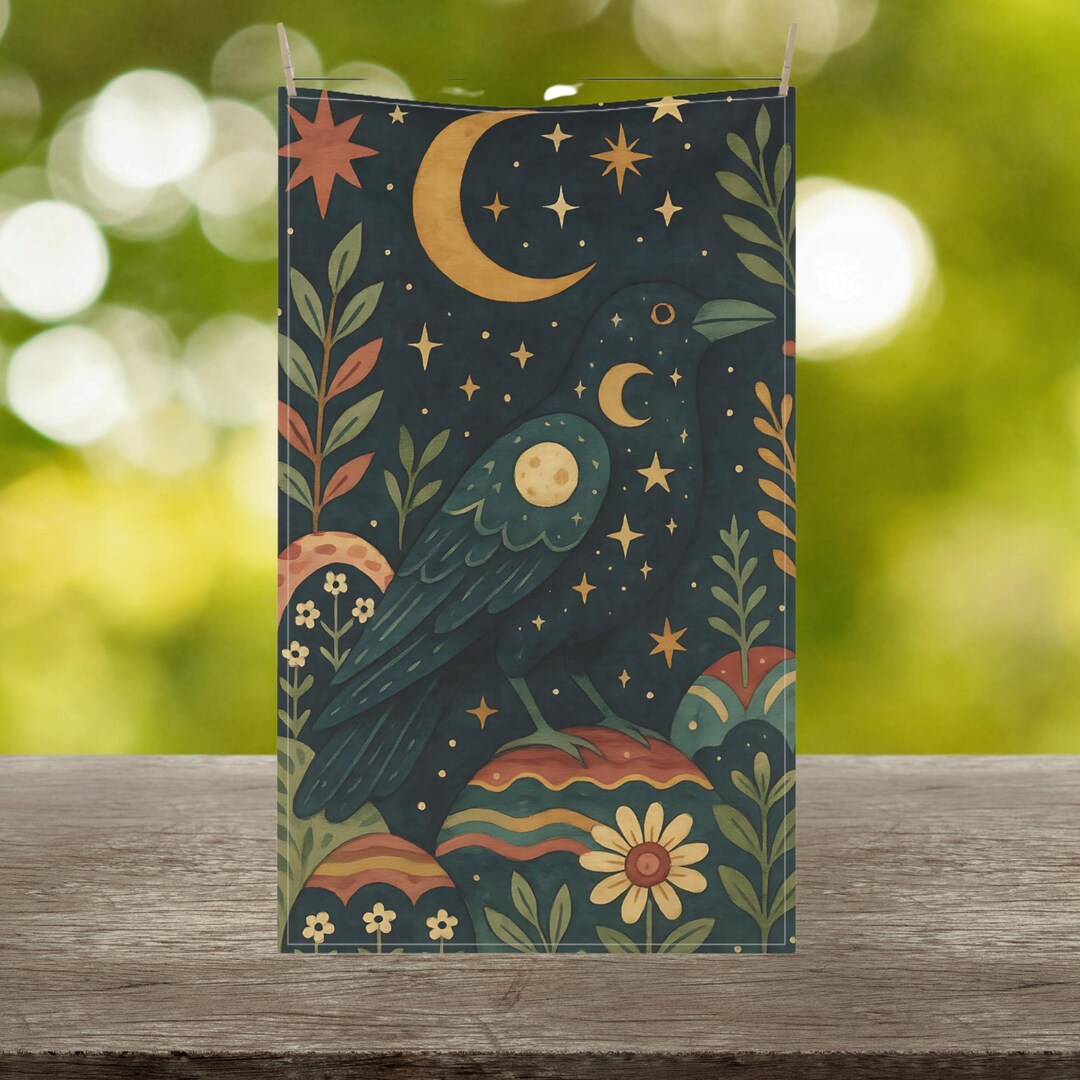 Celestial Crow Tea Towel, Forestcore Raven Kitchen Decor, Mystical ...