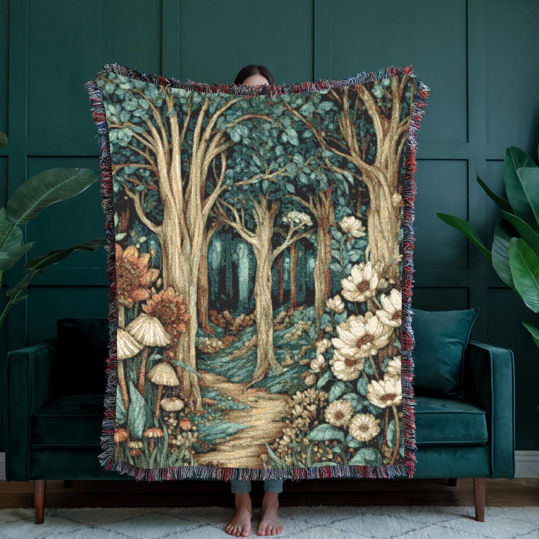 Enchanted Forest Woven Throw, Whimsigoth Woodland Tapestry, 100% Cotton ...