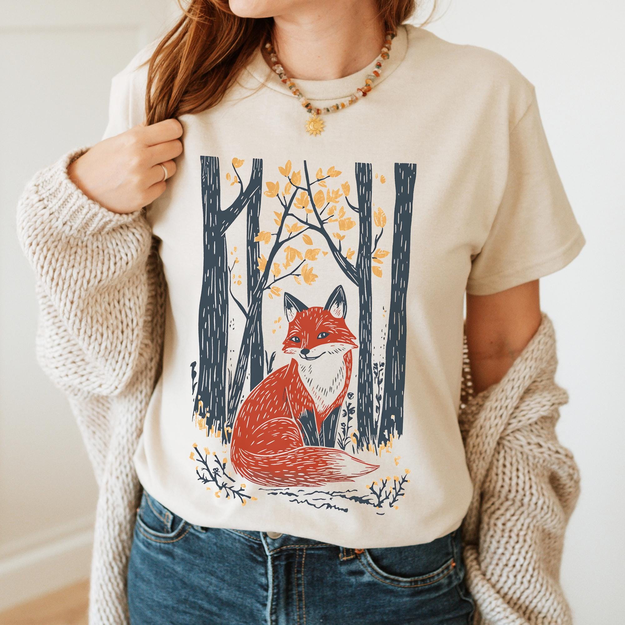 Cottagecore Fox Shirt, Folklore Forest Fox Lino Print Shirt, Vintage ...
