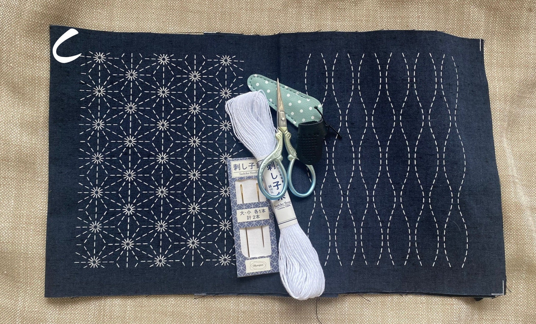 Sashiko Hand Embroidery Kit of Two Pre-printed Fabrics With Traditional ...