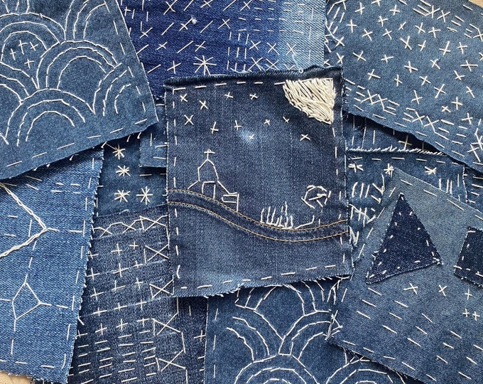 Patches of Different Sizes of Denim Hand Sewn With the Japanese Sashiko ...
