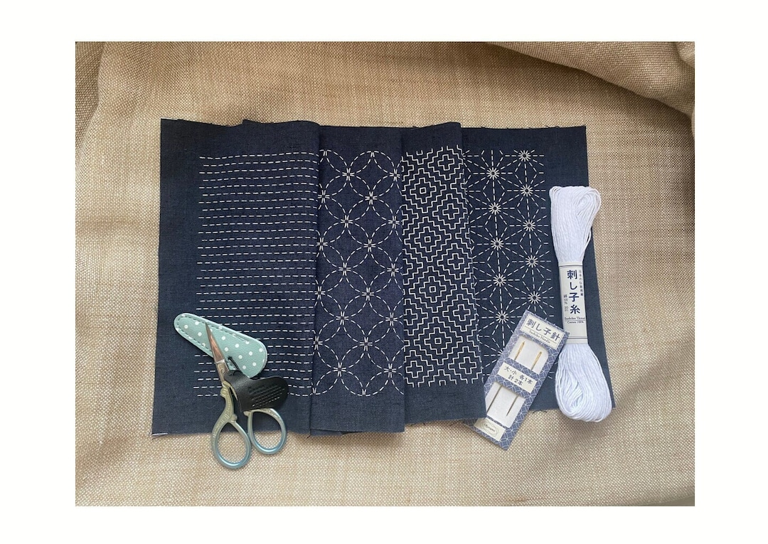 Sashiko Hand Embroidery Kit of Two Pre-printed Fabrics With Traditional ...