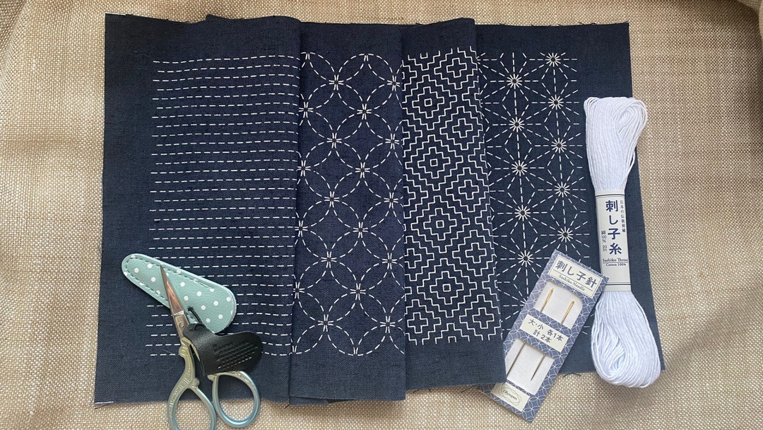 Sashiko Hand Embroidery Kit of Two Pre-printed Fabrics With Traditional ...