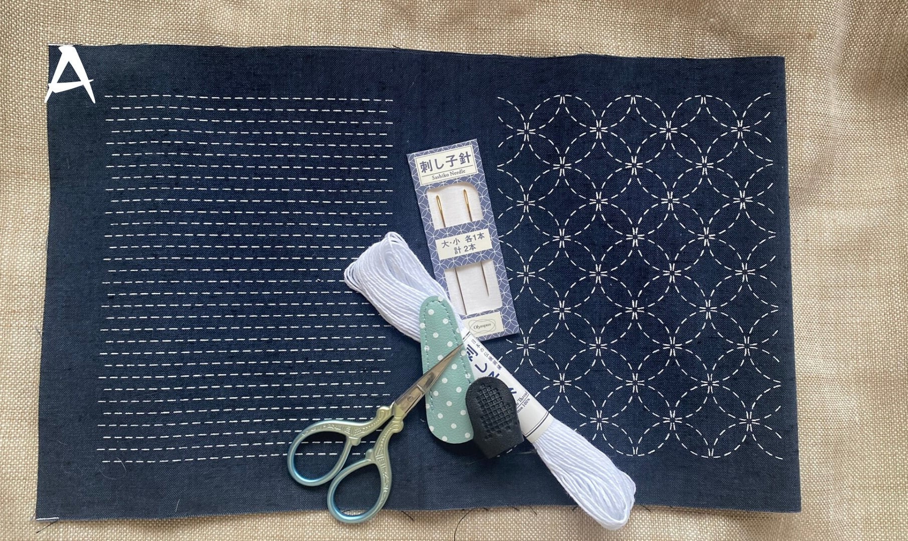 Sashiko Hand Embroidery Kit of Two Pre-printed Fabrics With Traditional ...