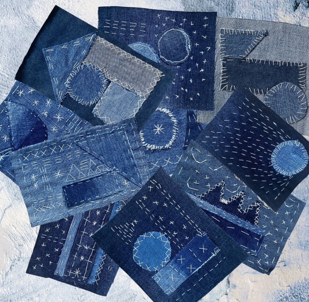 Patches of Different Sizes of Denim Hand Sewn With the Japanese Sashiko ...