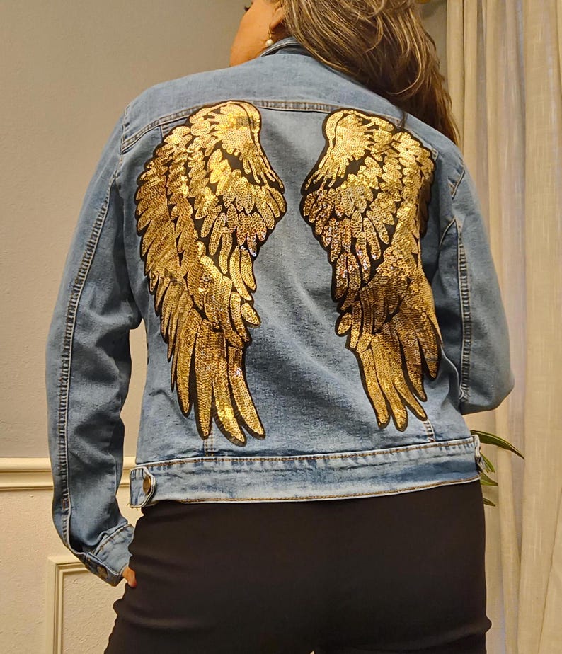Denim Angel Wing Jacket| Denim Jacket| Gold Wings Jacket| Sequin Angel ...
