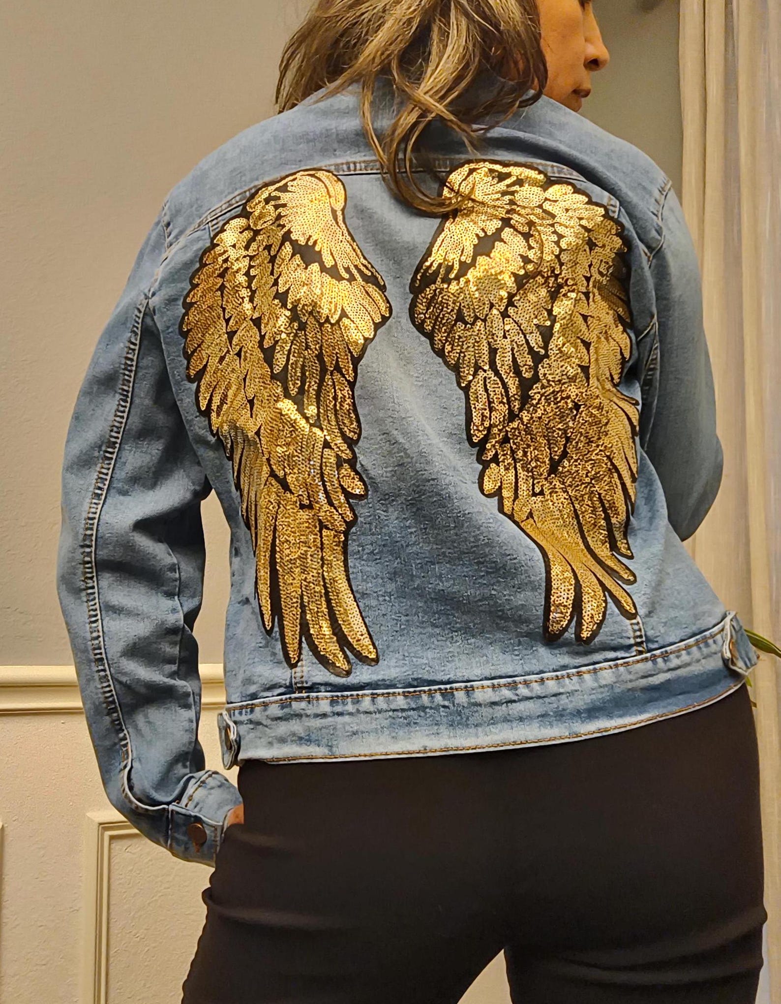 Denim Angel Wing Jacket| Denim Jacket| Gold Wings Jacket| Sequin Angel ...