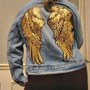 Denim Angel Wing Jacket| Denim Jacket| Gold Wings Jacket| Sequin Angel ...