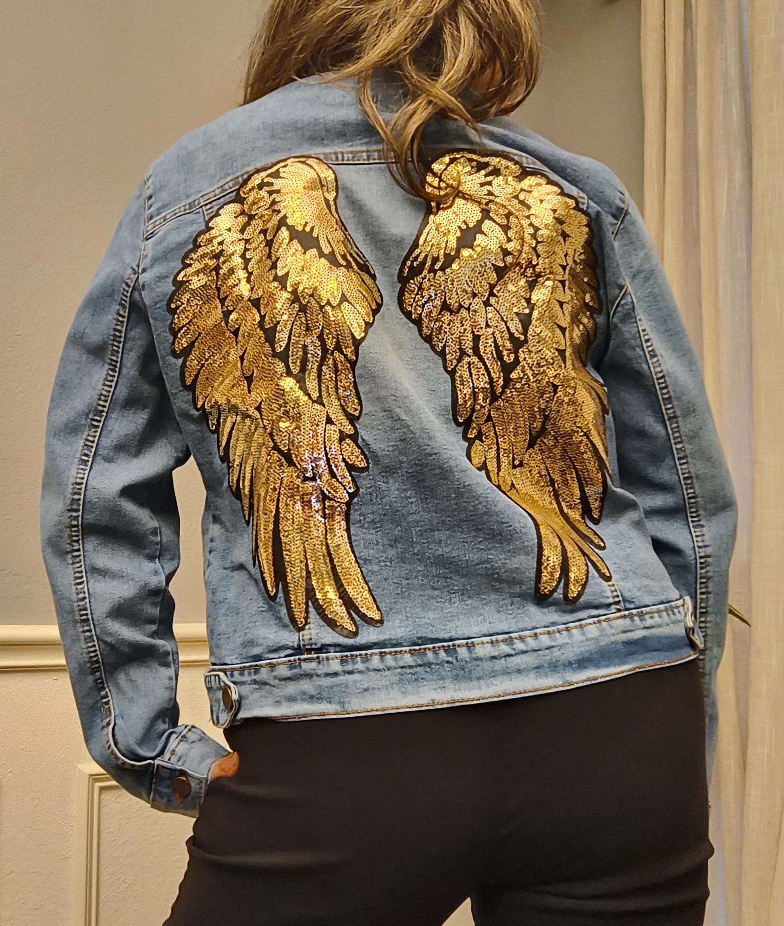 Denim Angel Wing Jacket| Denim Jacket| Gold Wings Jacket| Sequin Angel ...