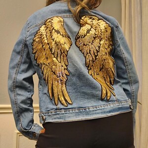 Denim Angel Wing Jacket| Denim Jacket| Gold Wings Jacket| Sequin Angel ...
