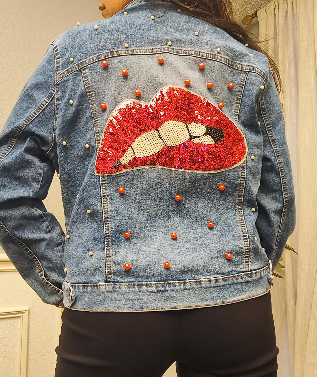 Red Lips Denim Jacket| Denim Jacket| Distressed Embellished Denim ...
