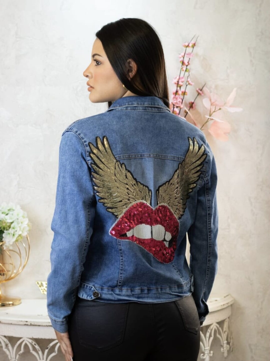 Sequin Angel Wings & Lips Denim Jacket Denim Jacket Angel Wings - Etsy