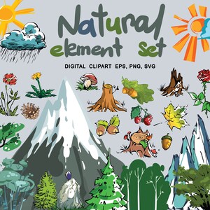 Nature element clipart set. Mountains forest landscape print | Etsy