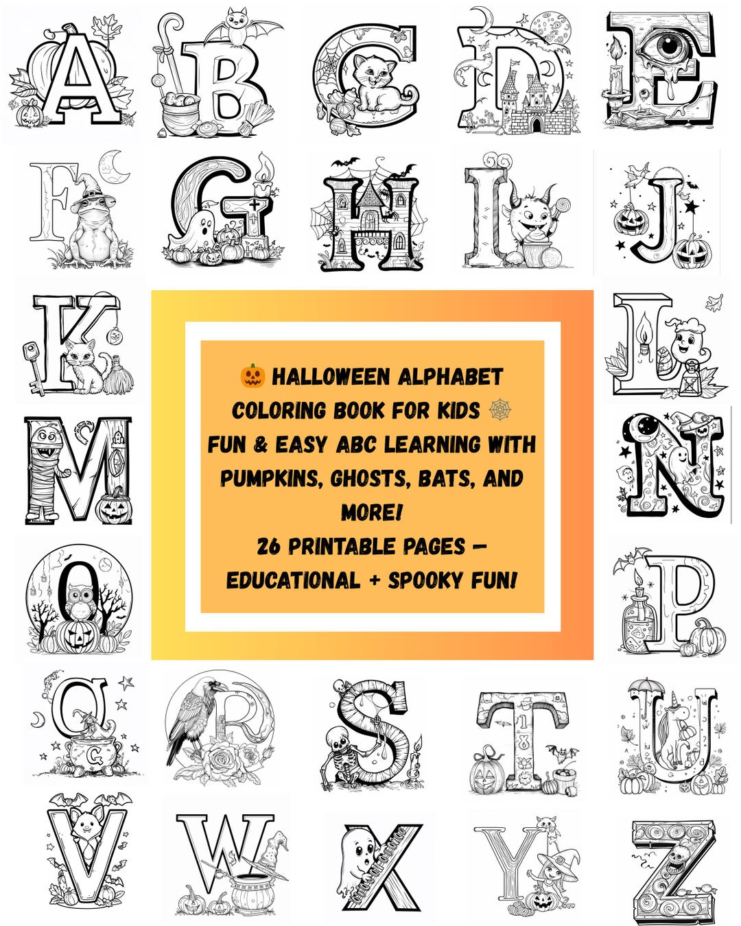 Halloween Alphabet Coloring Book for Kids: Spooky ABC Learning (instant ...