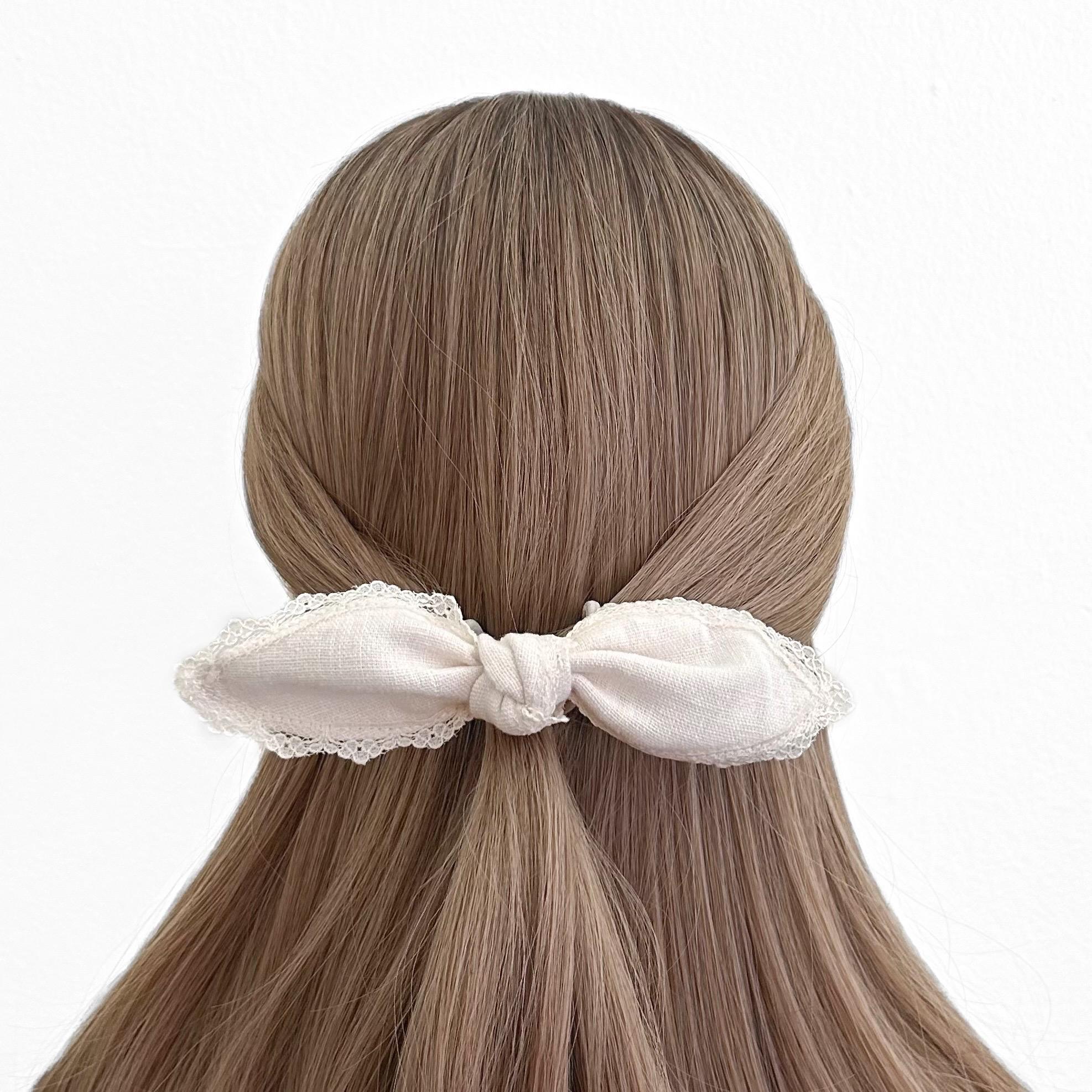 Cream Linen Lace Bow Hair Tie - Cottagecore, Lacey, Neutral, Scrunchie ...