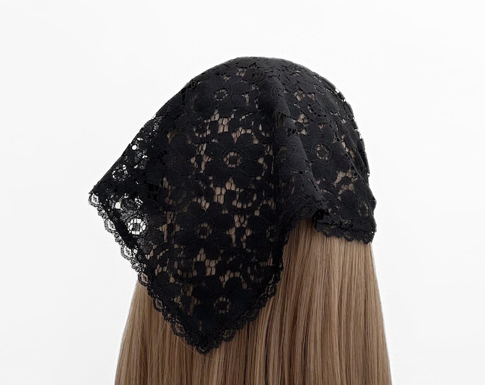 Black Floral Lace Sheer Triangle Headband With Lace Trim - Head Scarf ...